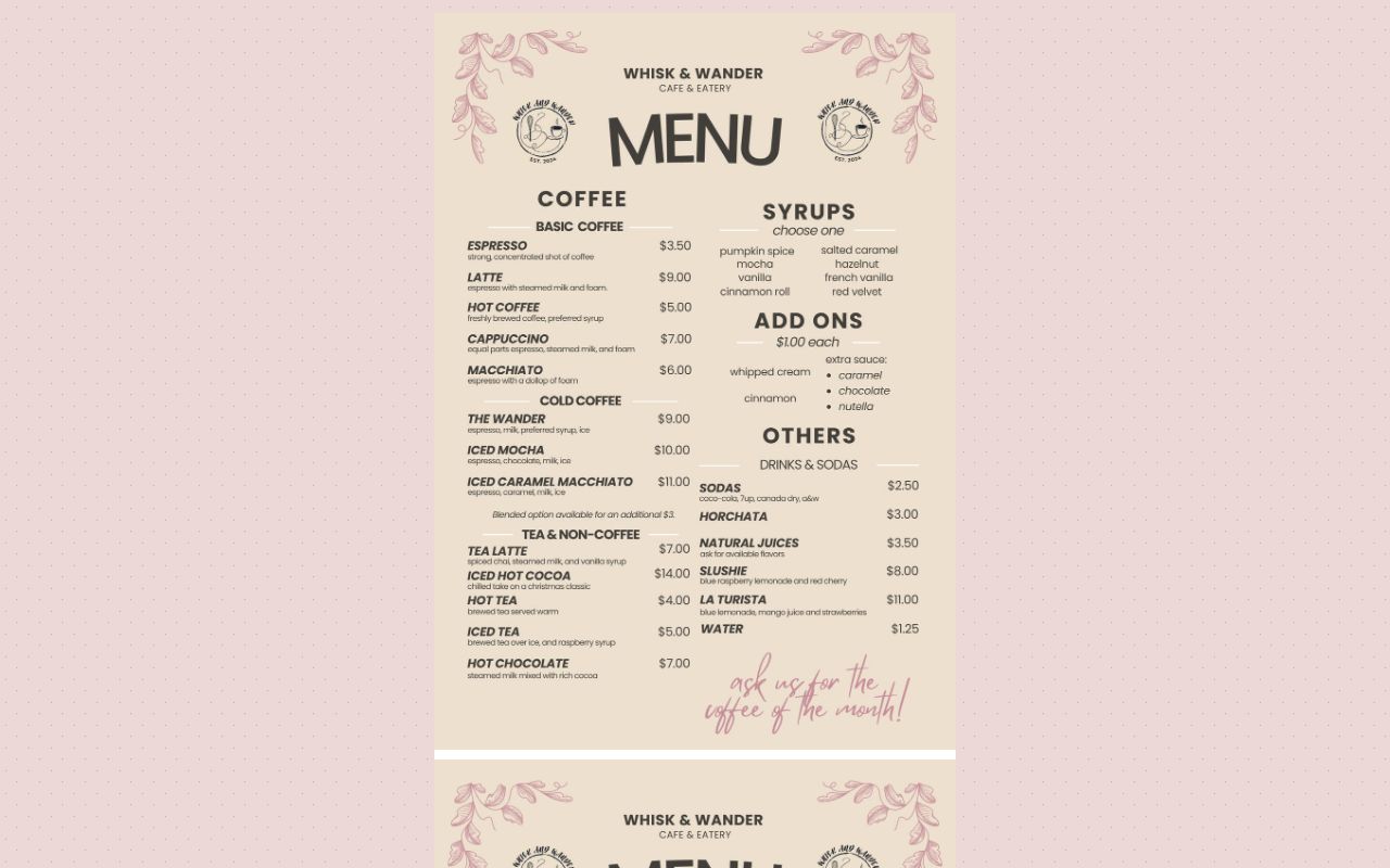 Whisk and Wander Menu
